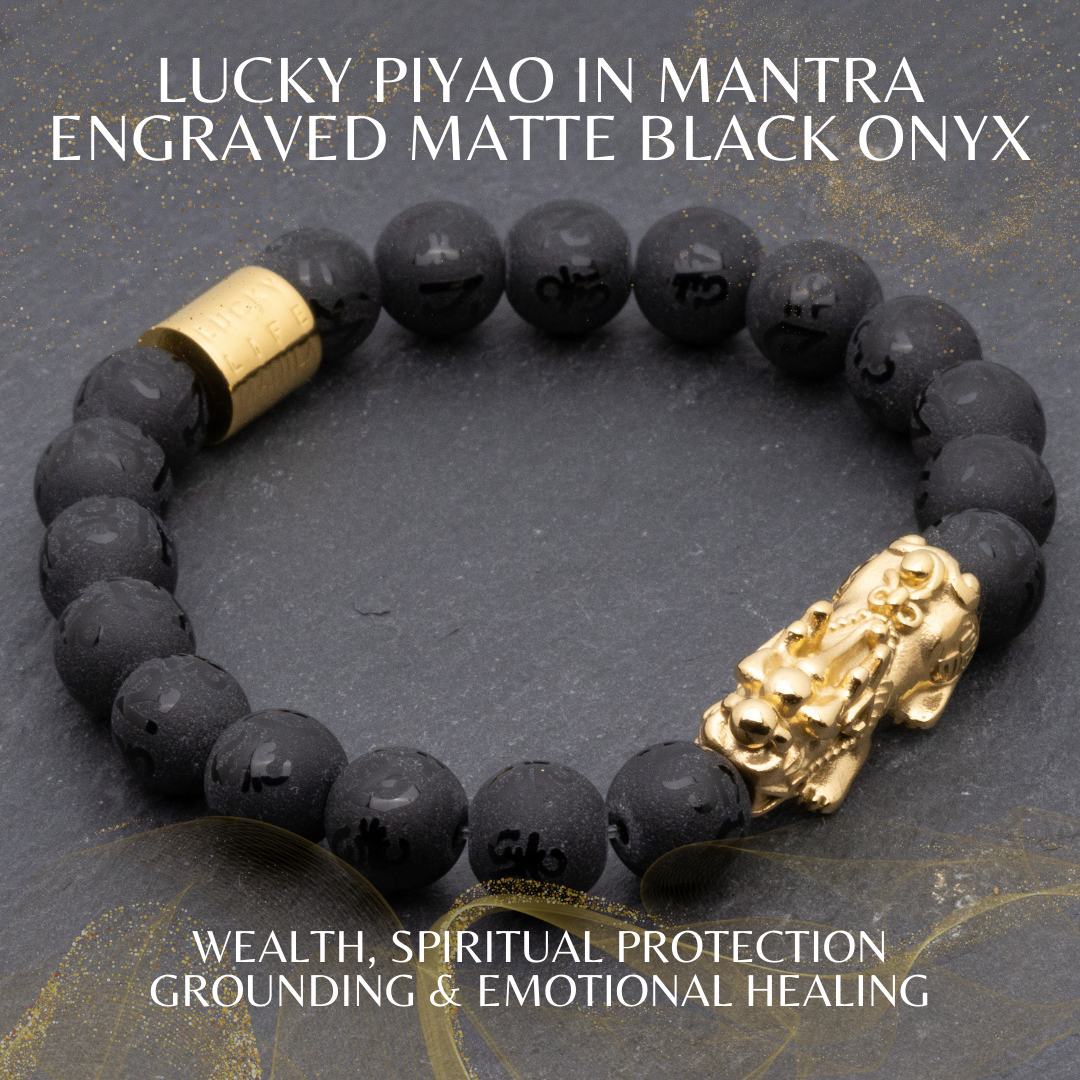Lucky Piyao in Mantra Engraved Matte Black Onyx Bracelet – Lucky Life ...