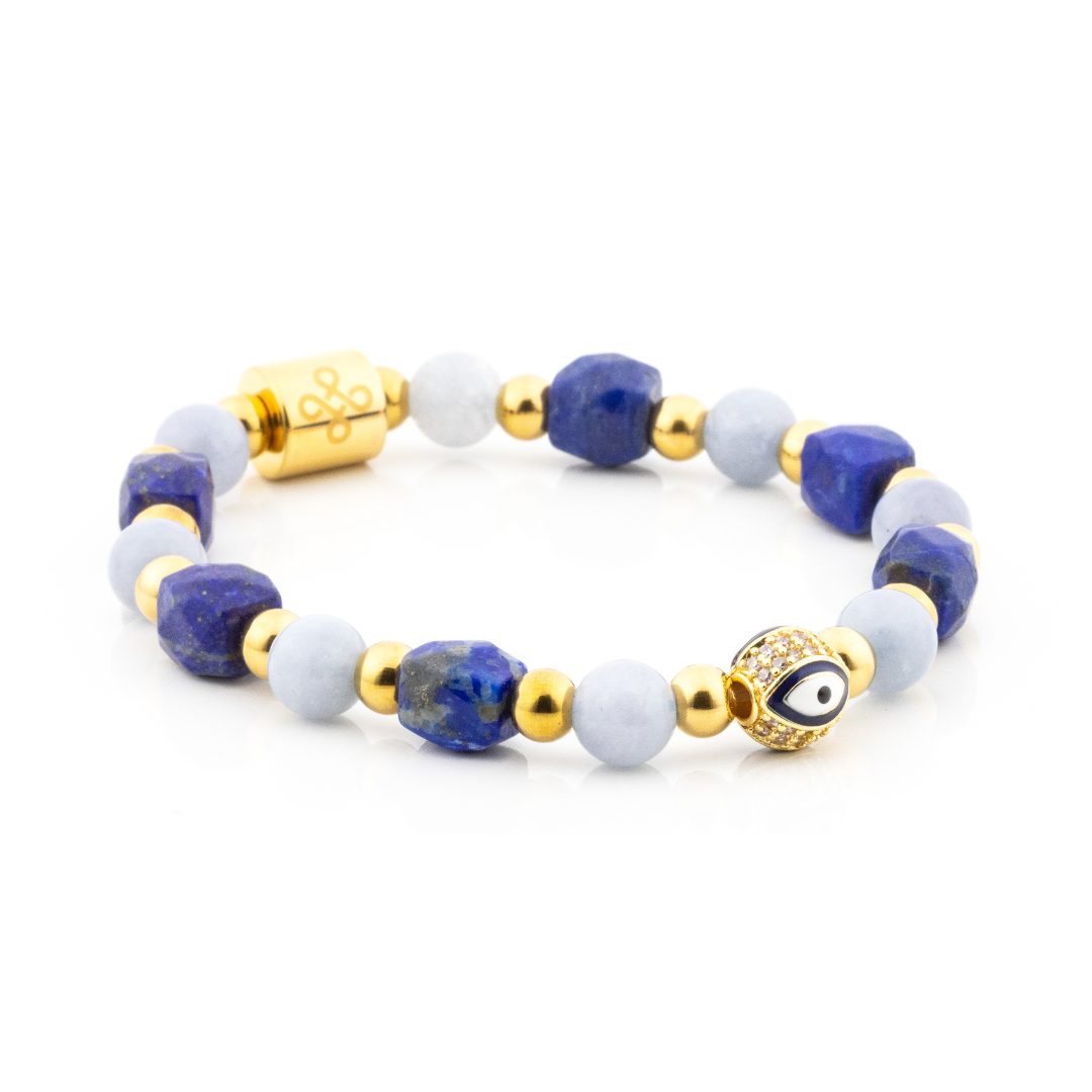 Diana VI Bracelet (Evil Eye Charm in Natural Aquamarine and Lapiz Lazu ...